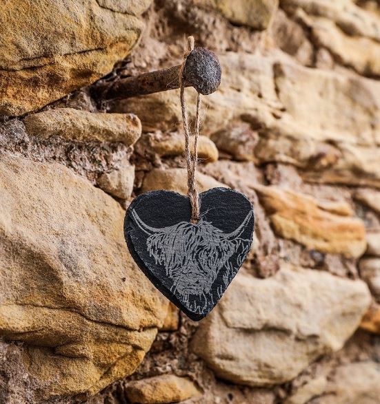 NEW Selbrae Highland Coo Slate Heart Decoration — Judith Glue